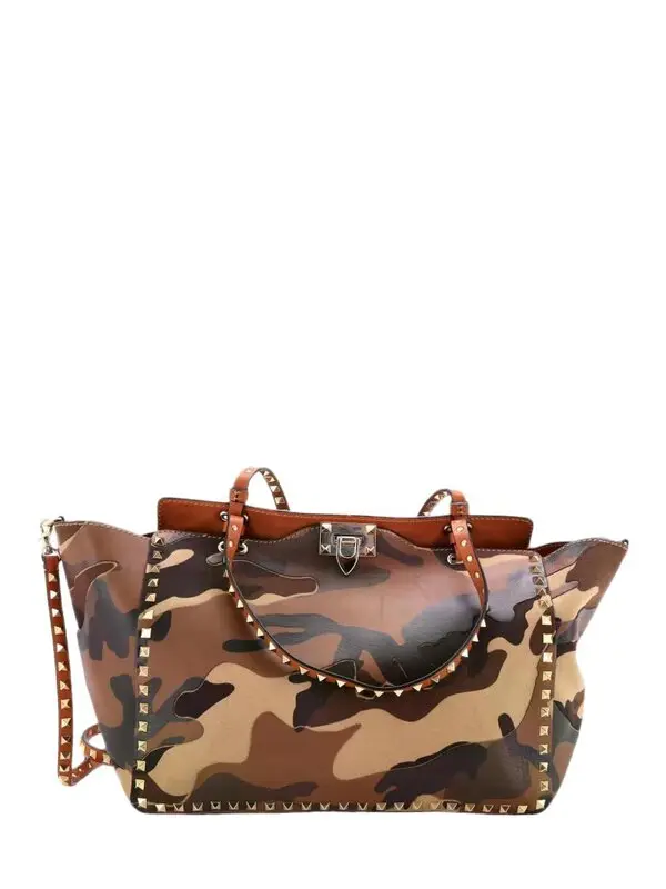 Valentino Garavani Rockstud Camouflage Leather And Canvas Medium Tote Bag - Brown