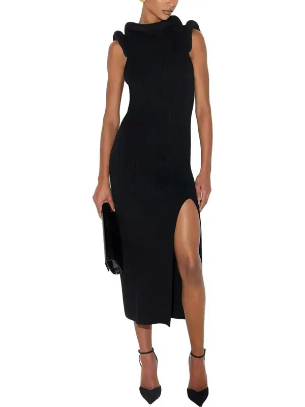 Elisabetta Franchi Ribbed Knit Dress With 3d Volume Detail - Black