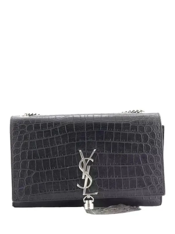 Saint Laurent Classic Monogram Tassel Crocodile Embossed Leather Medium Crossbody Bag - Black