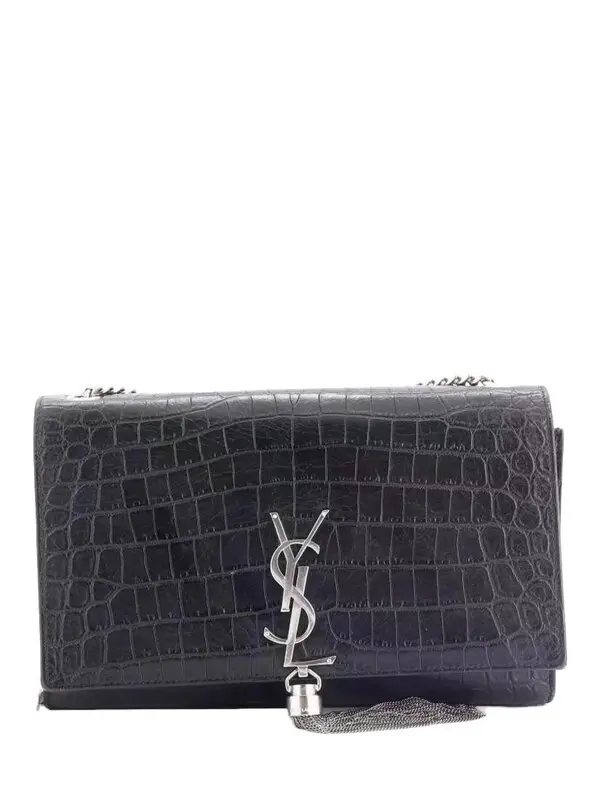 Saint Laurent Classic Monogram Tassel Crocodile Embossed Leather Medium Crossbody Bag - Black