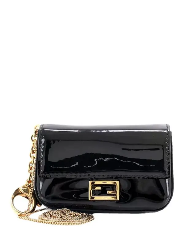 Fendi Chain Baguette Charm Bag Patent Nano Crossbody Bag - Black