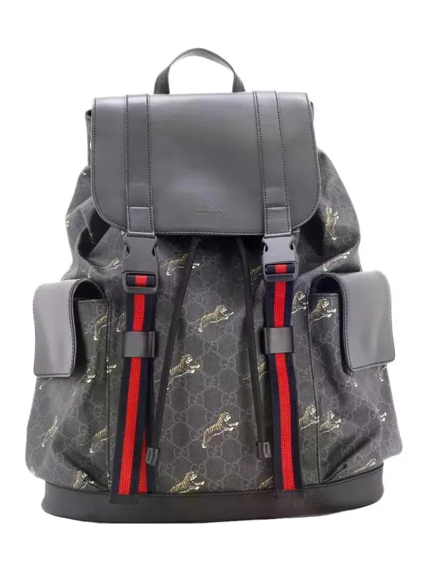 Gucci Double Pocket Buckle Printed Gg Coated Canvas Backpack - Black