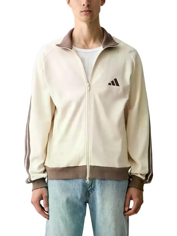Adidas Logo-embroidered Striped-sleeve Zip-up Sweatshirt - Neutrals
