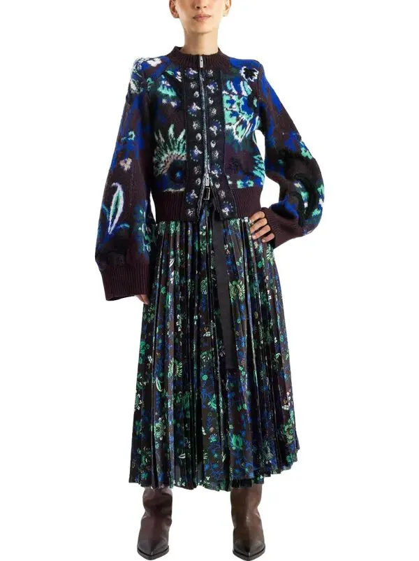 Sacai Floral-print Pleated Midi Skirt - Brown