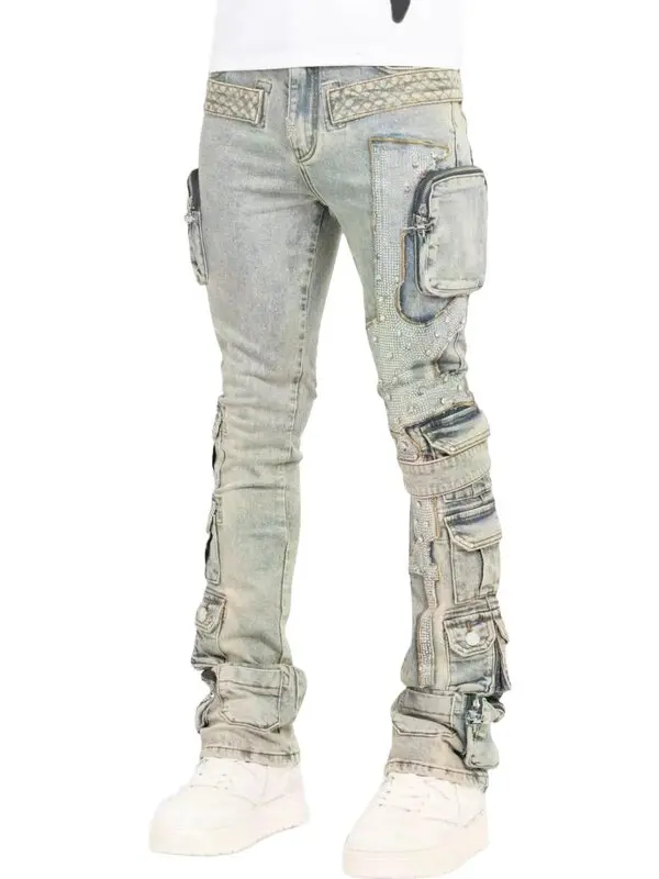 GUAPI Rhinestone Embellished Quilted Panel Jeans - Blue