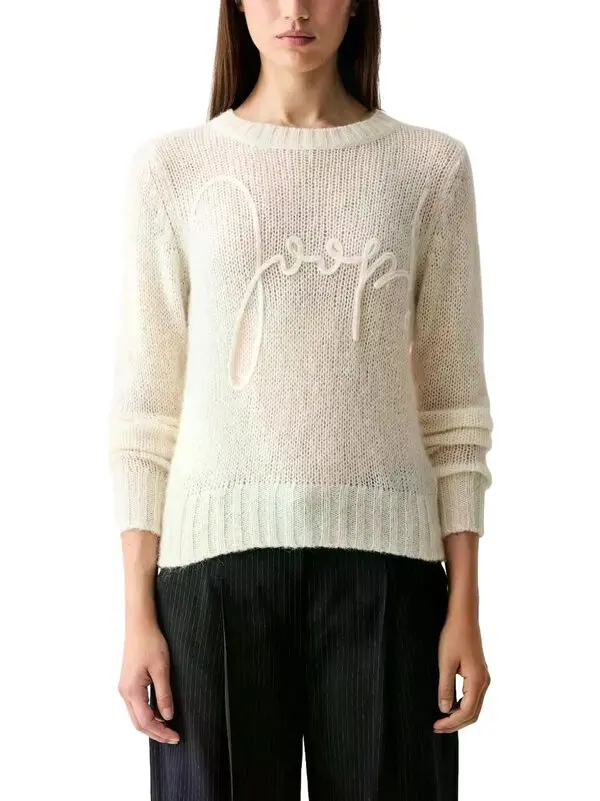 JOOP! Logo Embroidered Open-knit Crew Neck Sweater - White
