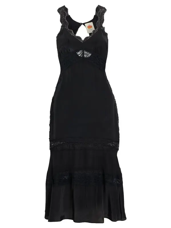 Farm Rio Satin, Chiffon And Lace Midi Dress - Black