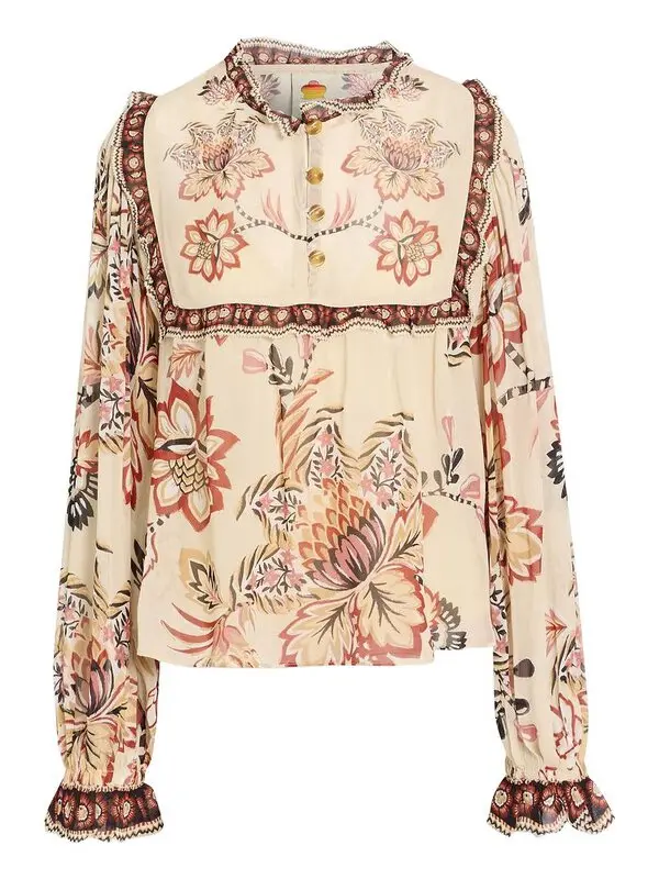 Farm Rio Ruffled Floralprint Voile Blouse - Sand