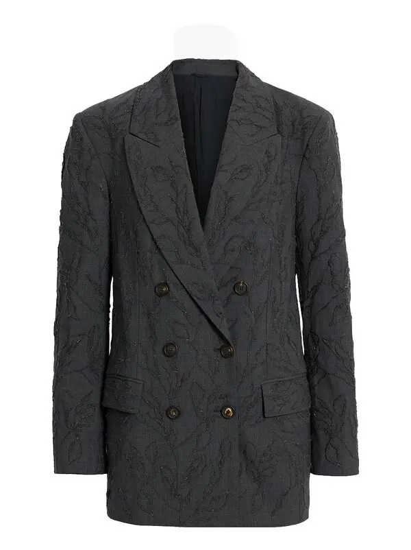 Brunello Cucinelli Doublebreasted Embroidered Woolblend Blazer - Dark Gray