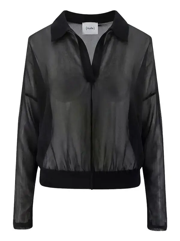 NUDE Sheer Long-sleeve Classic-collar T-shirt - Black