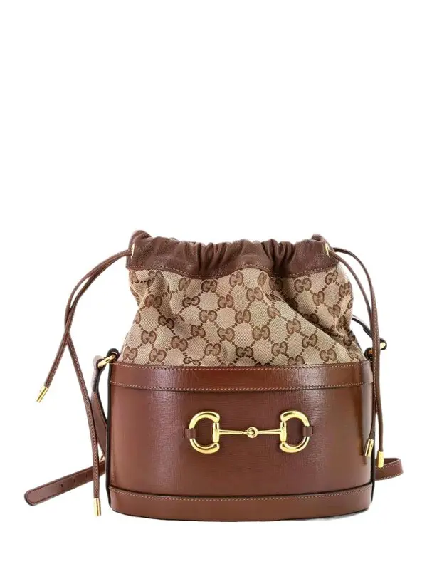 Gucci Horsebit 1955 Crossbody Bag Leather And Gg Canvas Small Bucket Bag - Brown