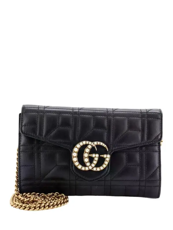 Gucci Pearly Gg Marmont Chain Wallet Matelasse Leather Mini Shoulder Bag - Black
