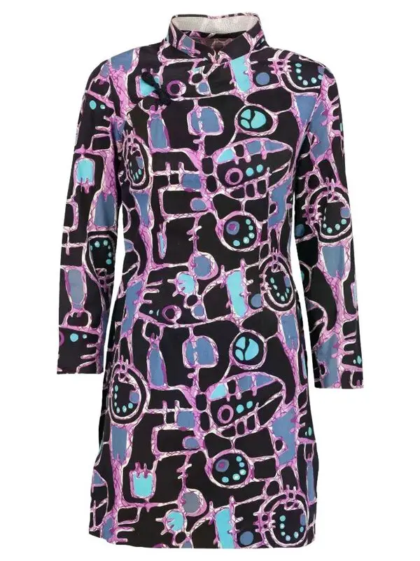 Vintage 60's Abstract Print Mandarin Collar Mini Dress - Black
