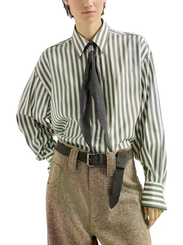 Brunello Cucinelli Striped Silk Poplin Shirt With Virgin Wool Foulard - White