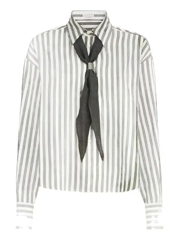 Brunello Cucinelli Striped Silk Poplin Shirt With Virgin Wool Foulard - White
