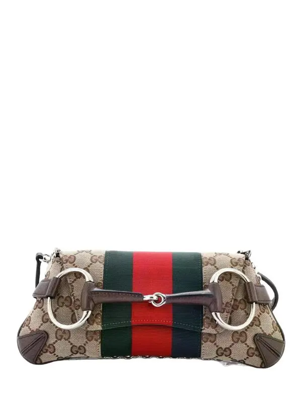 Gucci Horsebit Web Chain Clutch Gg Canvas Small Shoulder Bag - Brown