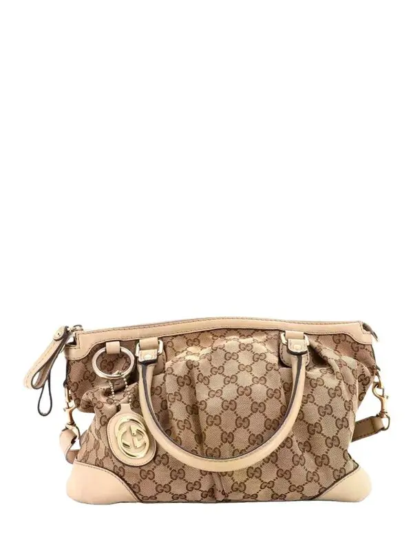 Gucci Monogram Gg Canvas Leather Medium Satchel - Brown