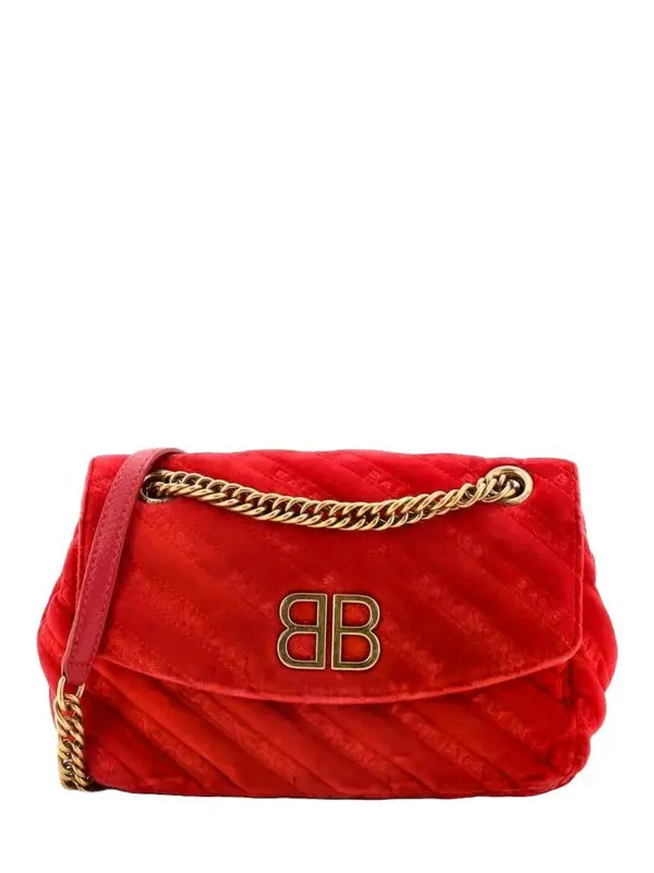 Balenciaga Bb Chain Round Quilted Velvet Small Shoulder Bag - Red