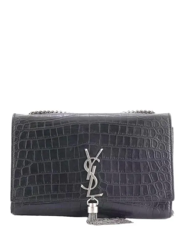 Saint Laurent Classic Monogram Tassel Crocodile Embossed Leather Medium Crossbody Bag - Black