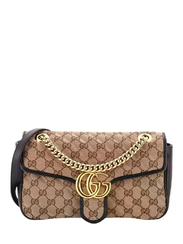 Gucci Gg Marmont Flap Bag Diagonal Quilted Gg Canvas With Leather Small Shoulder Bag - Black