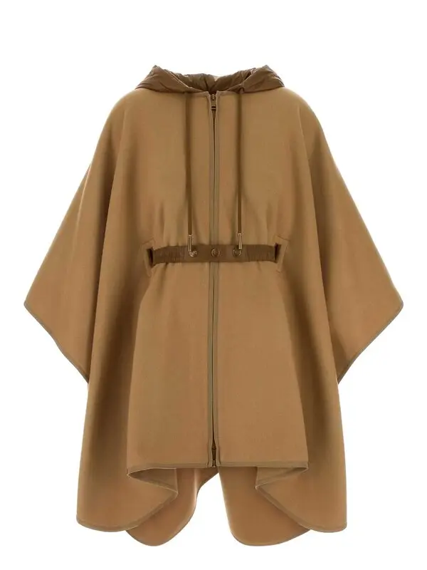 Moncler Camel Wool Blend Cape With Hood - Brown