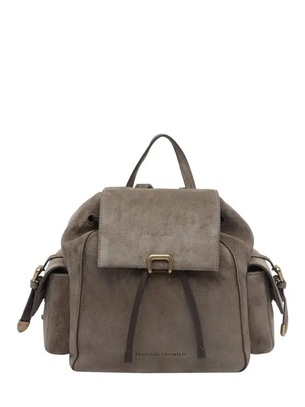 Brunello Cucinelli Suede Backpack With Buckle Detail - Gray