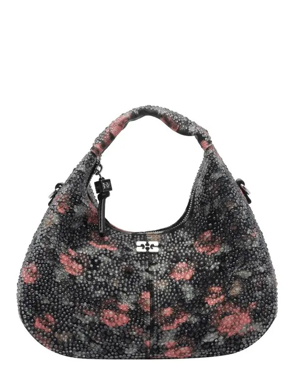 GANNI Mini Hobo Bag With Beaded Flower Detail And Embossed Logo - Black