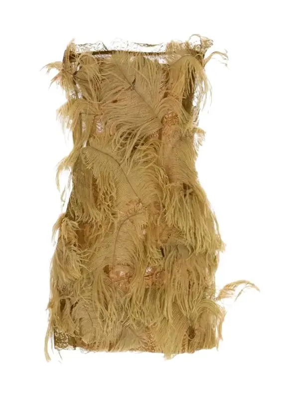 Attico Strapless Lace And Mesh Mini Dress With Fringe - Green