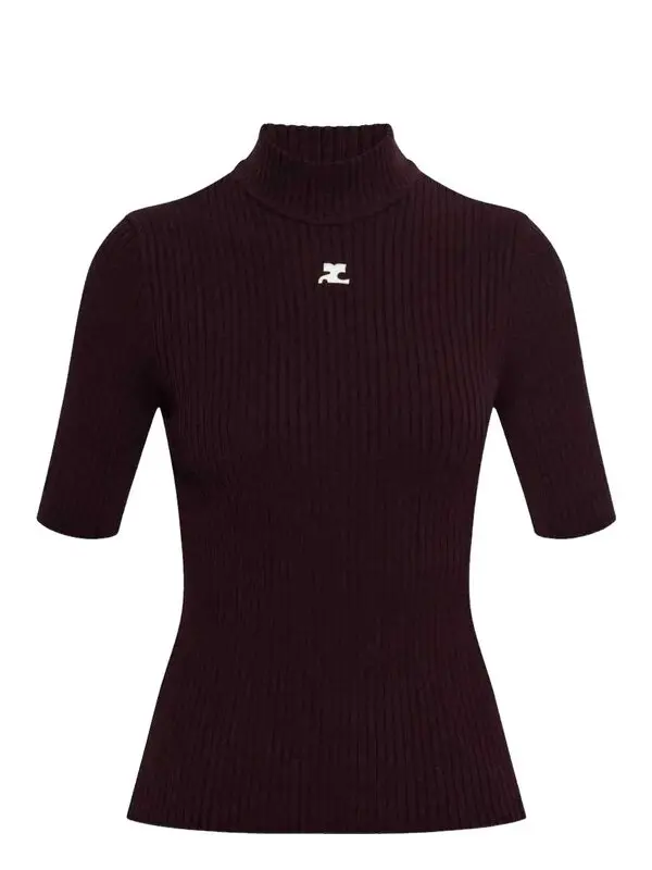 COURREGES Short-sleeved Ribbed High Neck Sweater With Logo Patch - Red