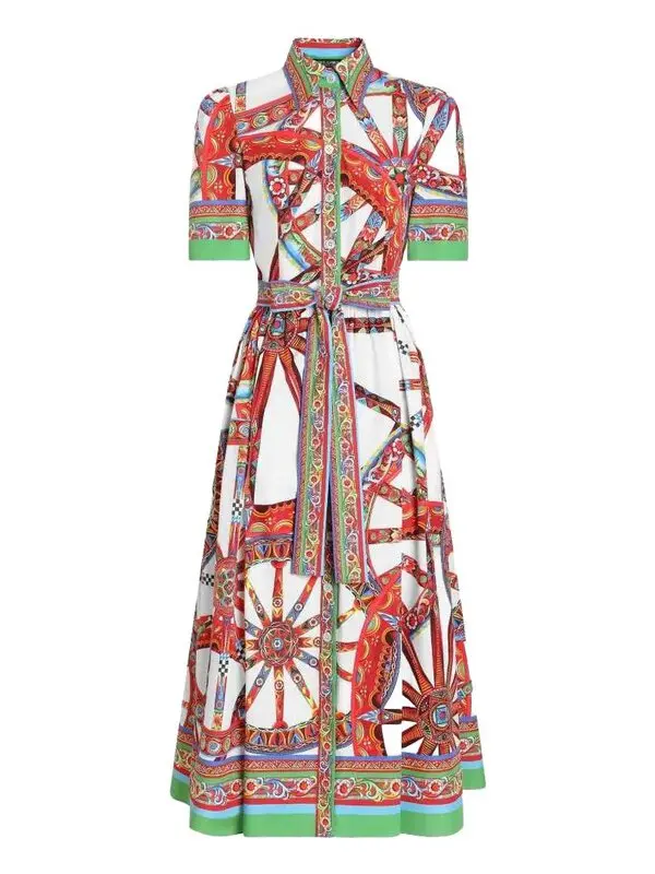 Dolce & Gabbana Carretto-print Cotton Poplin Belted Dress - Multicolor