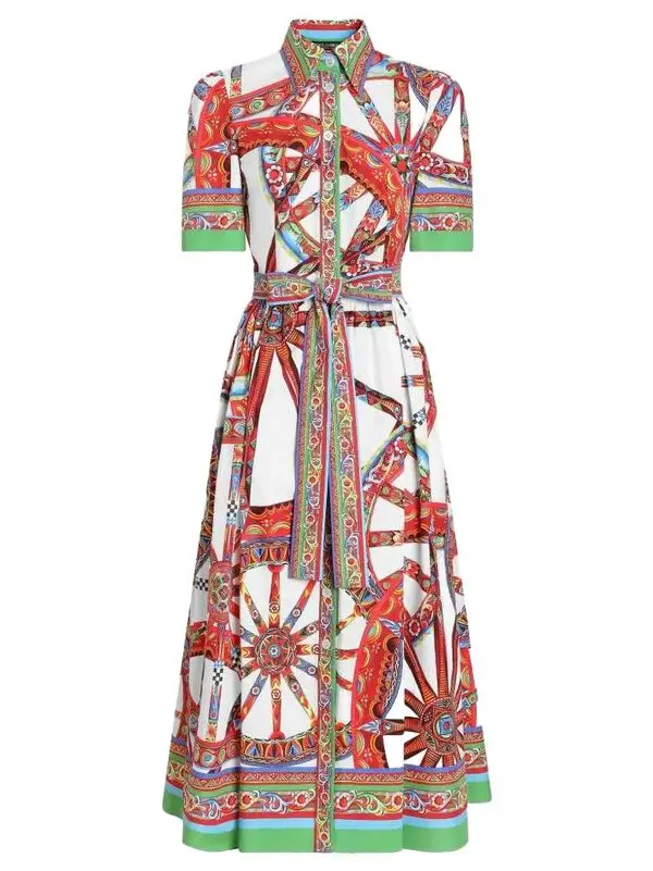 Dolce & Gabbana Carretto-print Cotton Poplin Belted Dress - Multicolor