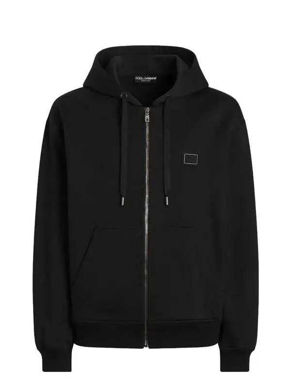 Dolce & Gabbana Zip-up Cotton Hoodie With Logo Plaque - Black