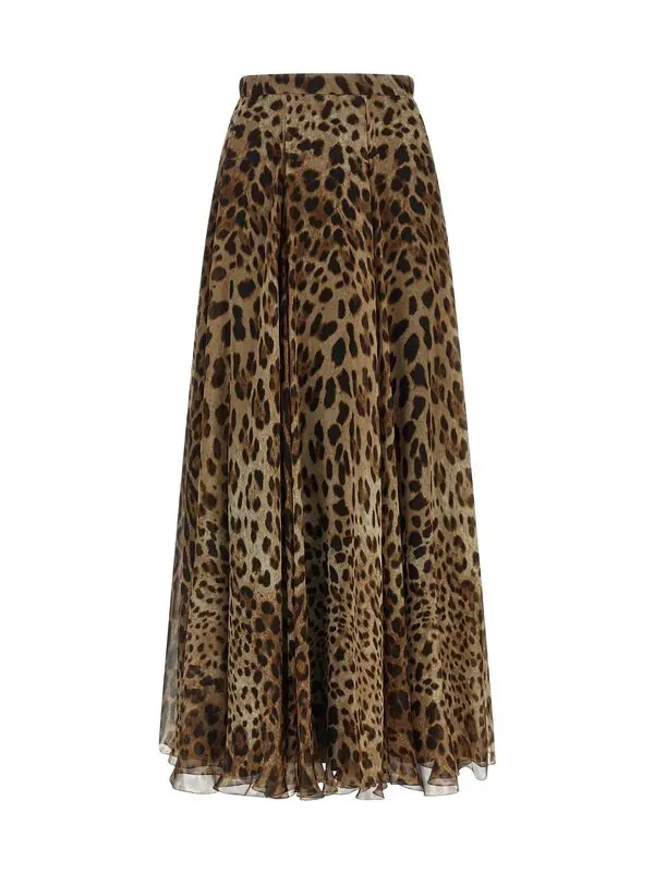 Dolce & Gabbana Leo' Print Silk Chiffon Skirt - Brown