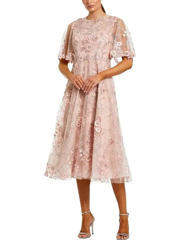 Mac Duggal Petite Flutter Sleeve Floral Embroidered Midi Dress - Blush