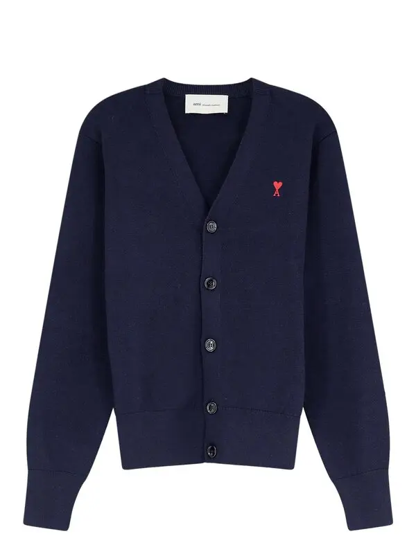 AMI Paris Wool Cardigan With Embroidered Detail - Blue