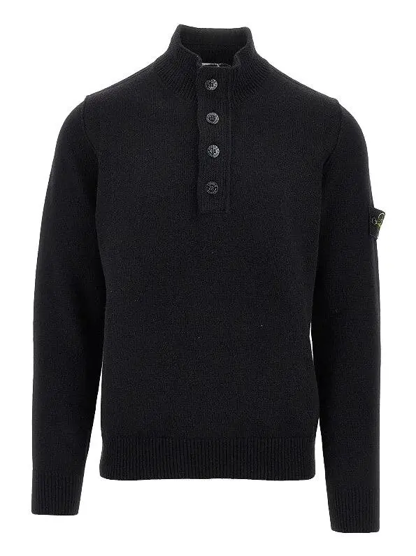 Stone Island Virgin Wool Blend Knit Sweater With Logo Badge - Black
