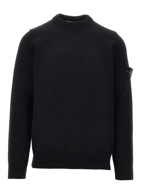 Stone Island Virgin Wool-blend Knit Sweater With Logo Badge - Black