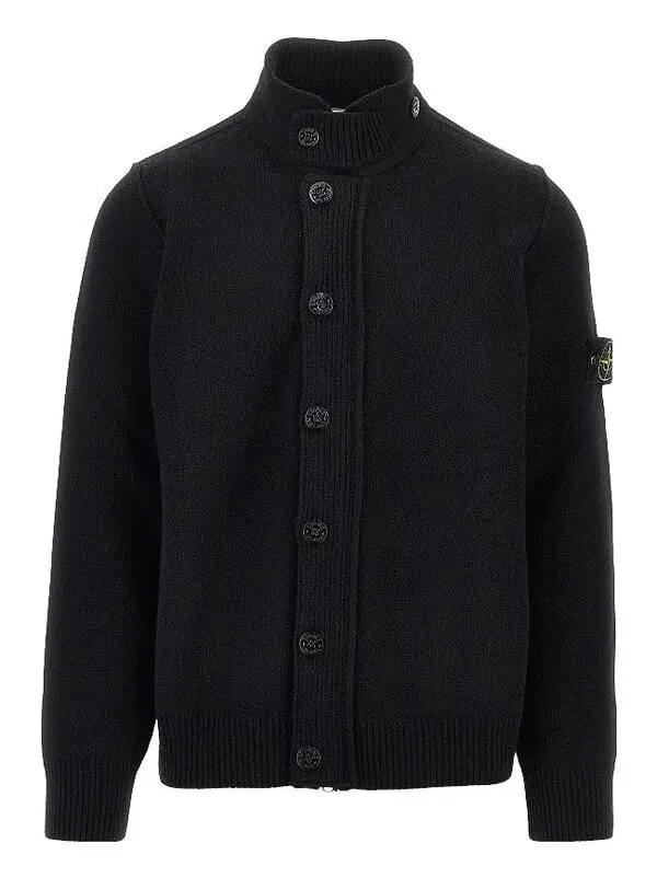 Stone Island Knitted Virgin Wool Blend Cardigan With Logo Badge - Black