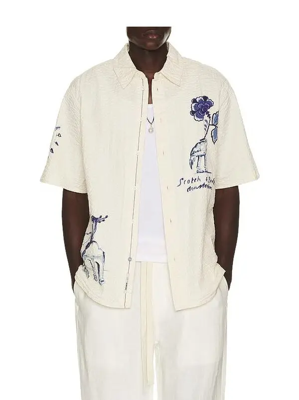 Scotch & Soda Delfts Blauq Worked Out Relaxed Fit Short Sleeved Shirt In Ivory - Eggnog