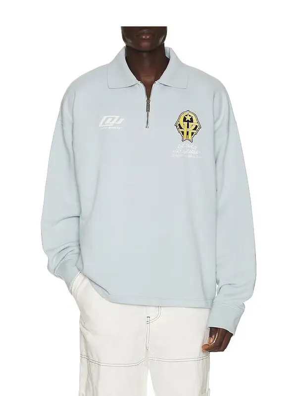 Off-White Fleece Polo With Partial Zipper And Logo Detail - Celestial Blue