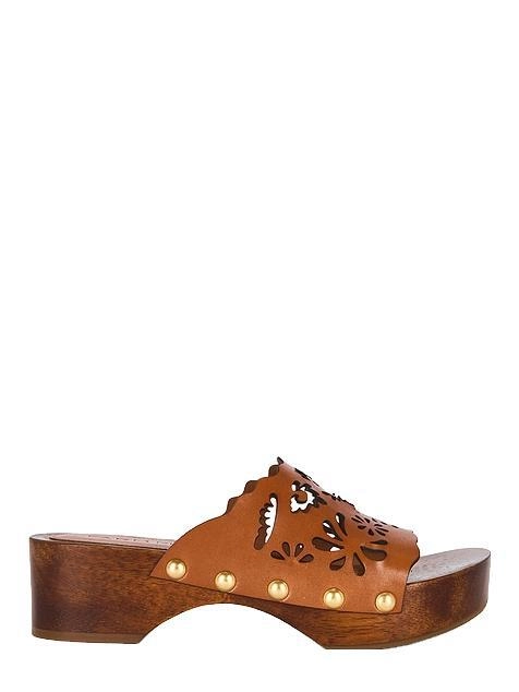 Farm Rio Lace Leather Clog In Brown - Sand