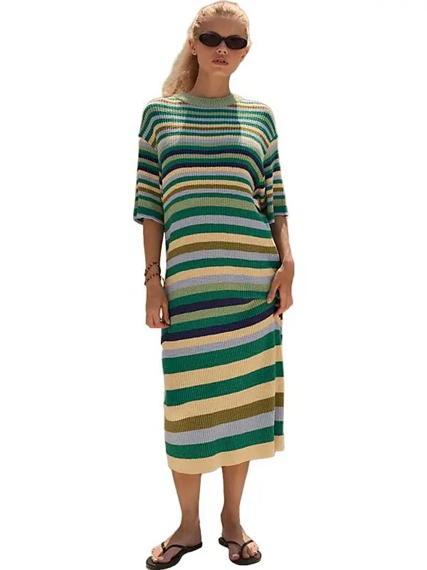Free People Striped Crewneck Midi Sweater Dress - Teal Combo