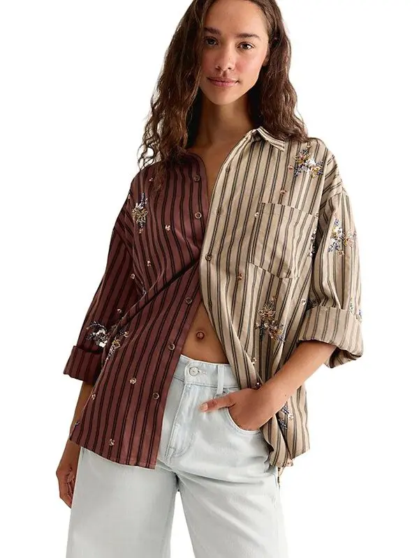 THE TALES Half N' Half Embellished Button Down Top - Tan