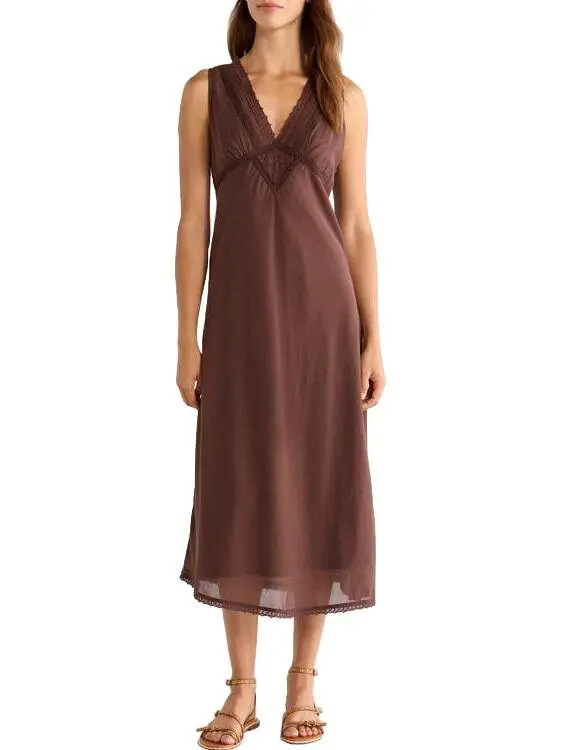 Lucky Brand Lace Trim Midi Dress - Chicory Coffee