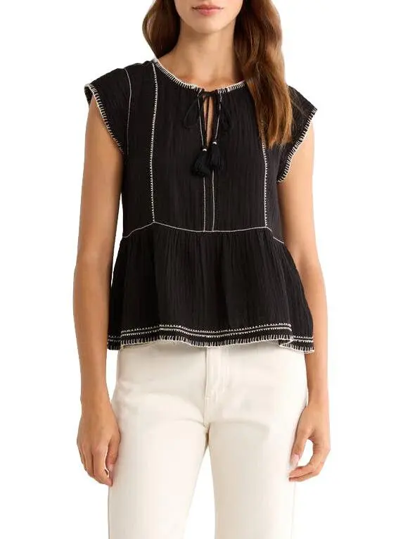 Lucky Brand Embroidered Cotton Tank - 001 Black