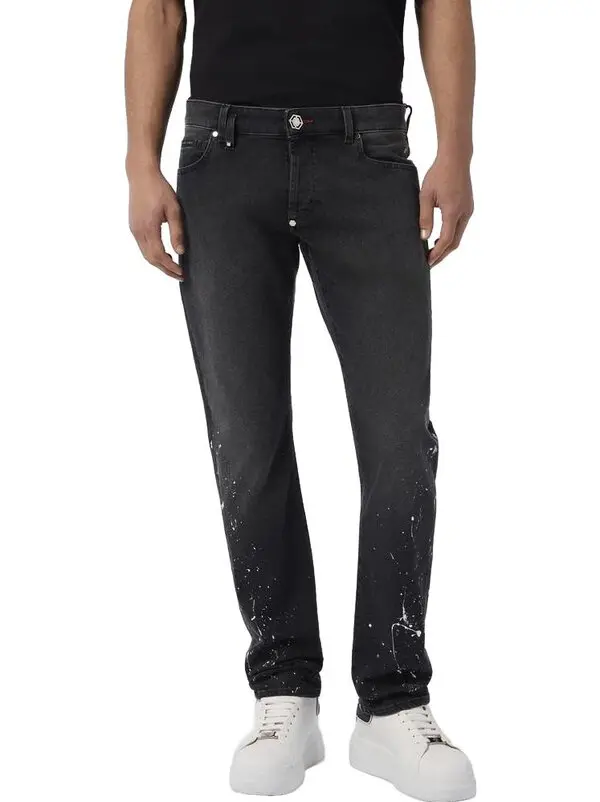 Philipp Plein Super Straight Cut Jeans With Paint Splatter - Pantherblack