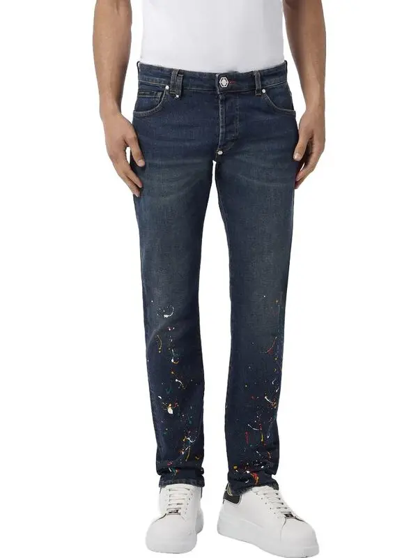Philipp Plein Super Straight Cut Jeans With Paint Splatter - Texasblue