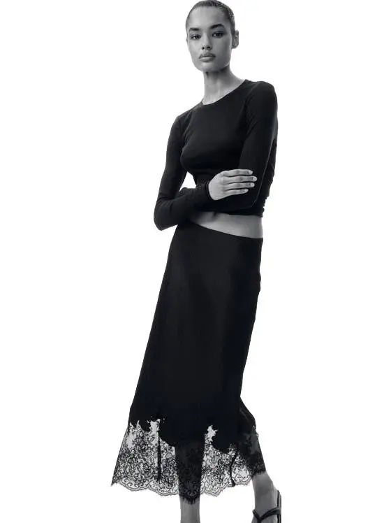 H&m Lace-trimmed Satin Midi Skirt - Black