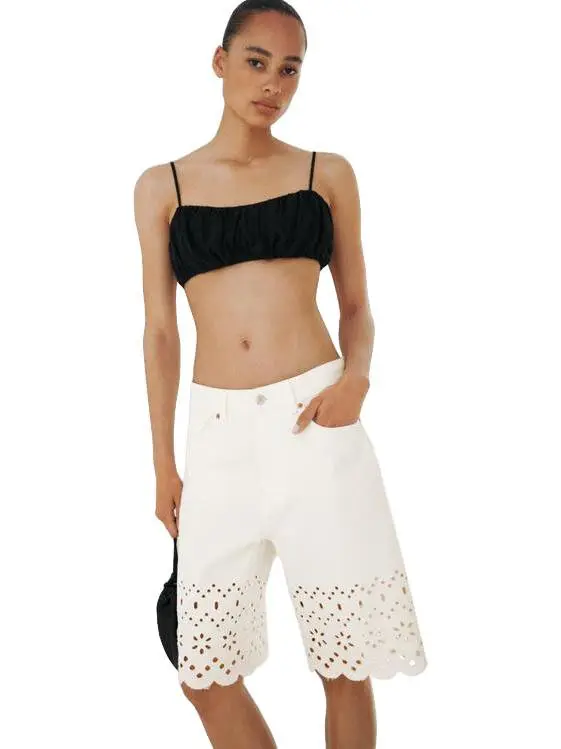 H&m Bermuda Shorts With Eyelet Embroidery - White