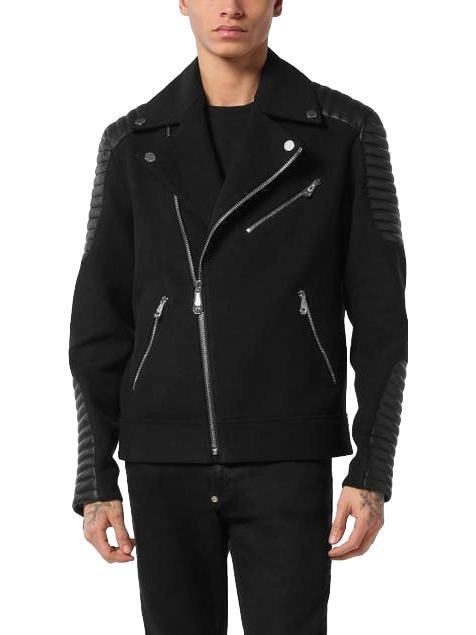 Philipp Plein Wool Biker Jacket With Leather Inserts - Black